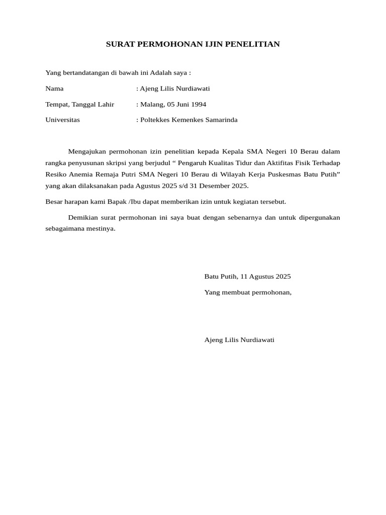 SURAT PERMOHONAN IJIN PENELITIAN | PDF