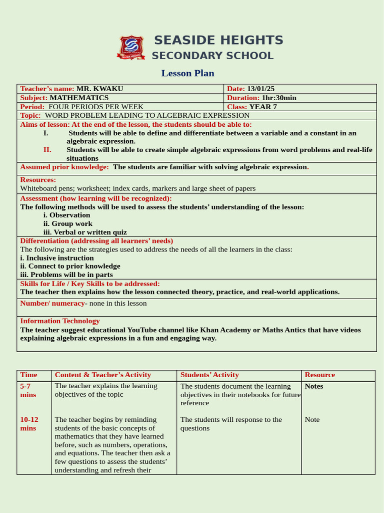Mathematics - Week 2 - Lesson Plan - Year 8a & 8b - Second Term | PDF ...
