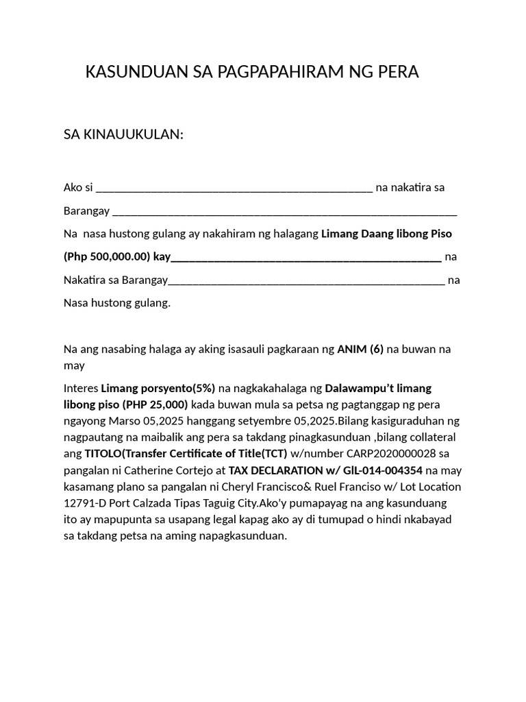 Kasunduan Sa Pagpapahiram Ng Pera | PDF