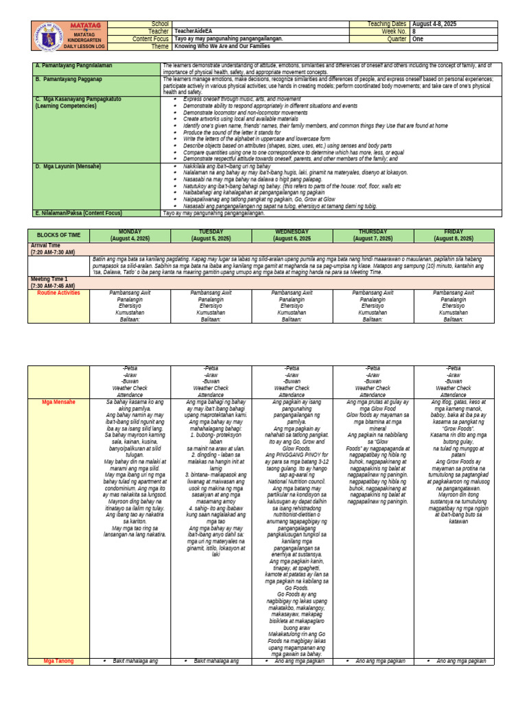 Kinder DLL - Week 8.matatag Curriculum | PDF