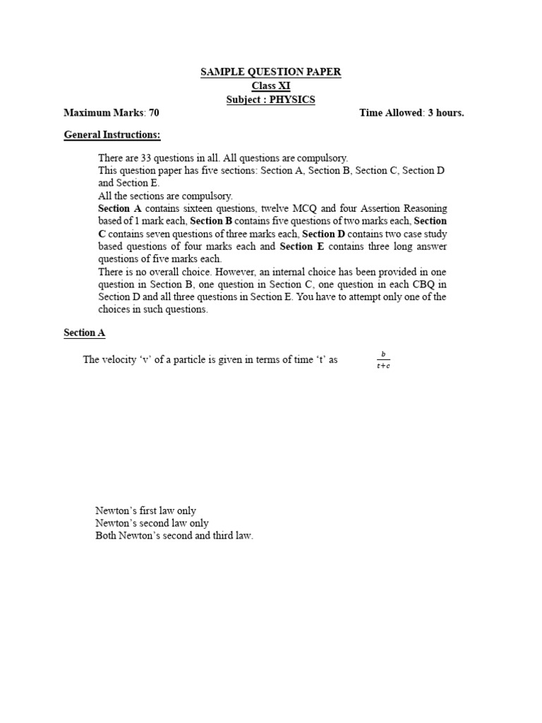 Class XI Physics Sample Question Paper | PDF | Elasticity (Physics) | Force