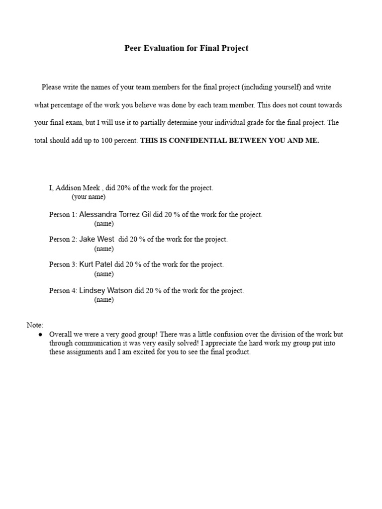 Final Project Peer Evaluation Form | PDF