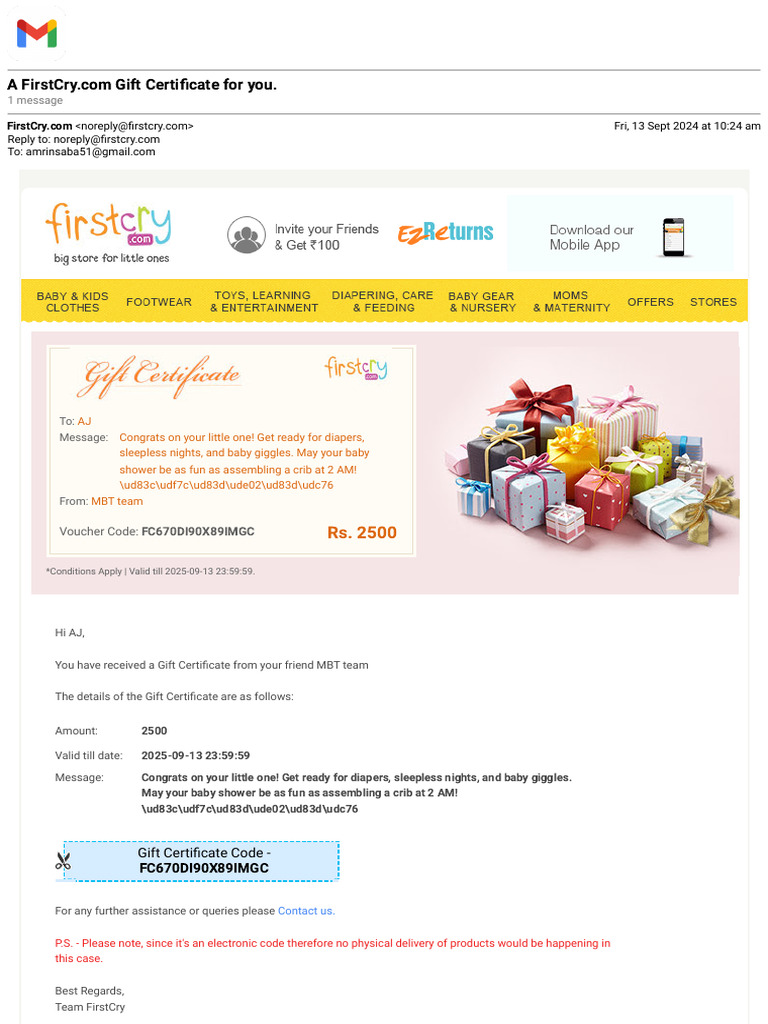 FirstCry Gift Certificate Details | PDF