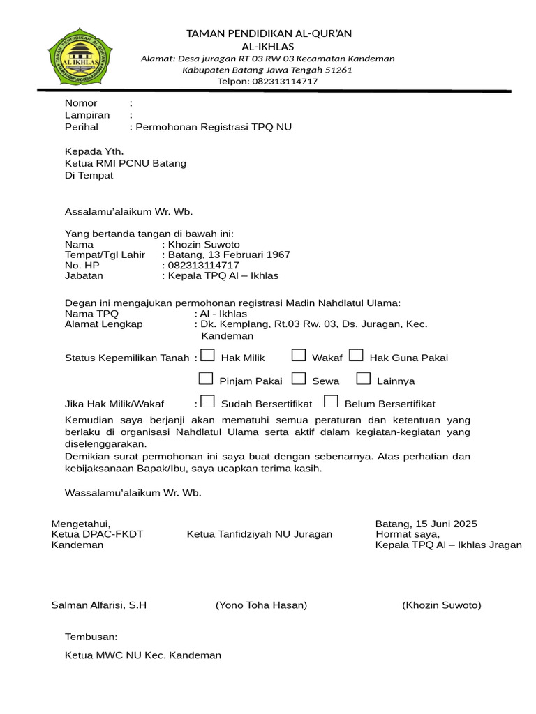 Permohonan Registrasi TPQ Al-Ikhlas | PDF