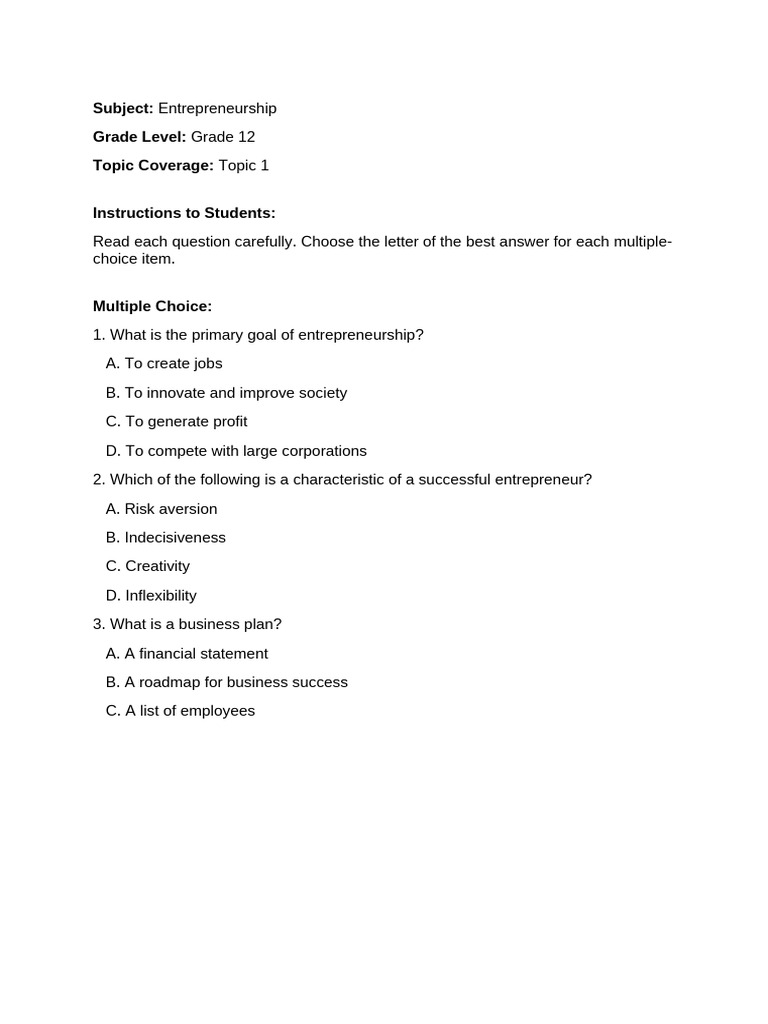 Summative Test Entrepreneurship 1 | PDF | Marketing | Brand
