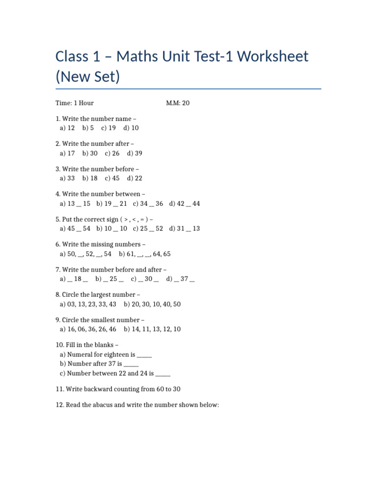 Class1 Maths UT1 Worksheet New Questions With Abacus | PDF