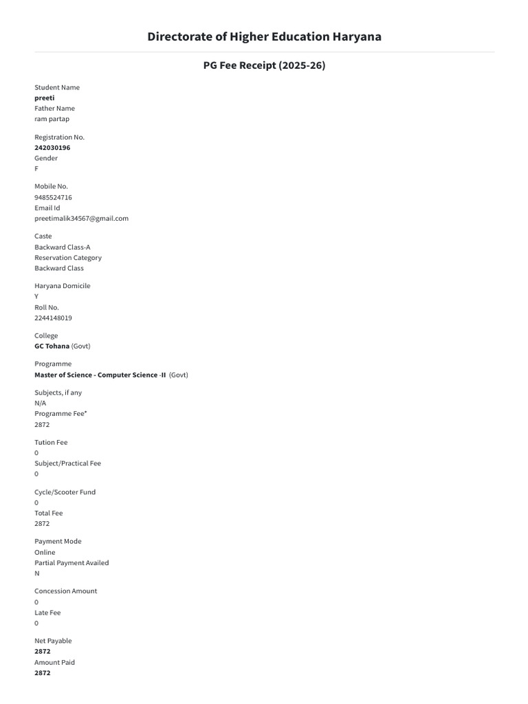 PG Fee Receipt for MSc Computer Science | PDF