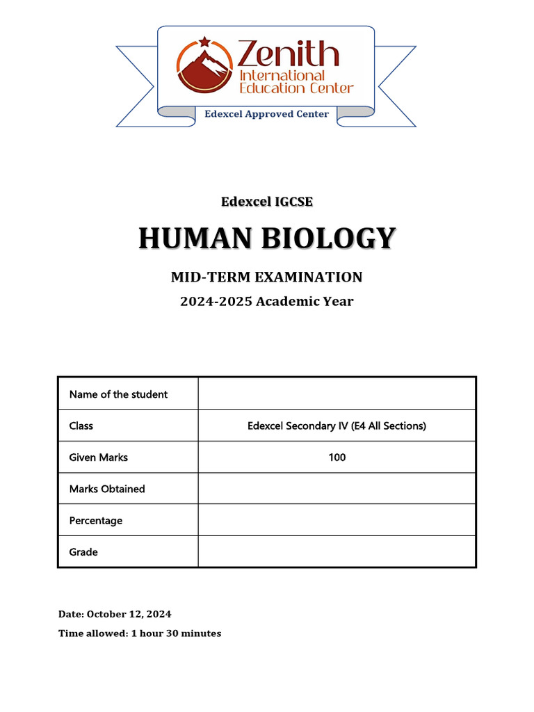 Human Biology Midterm Exam 2024-2025 | PDF | Circulatory System | Heart ...