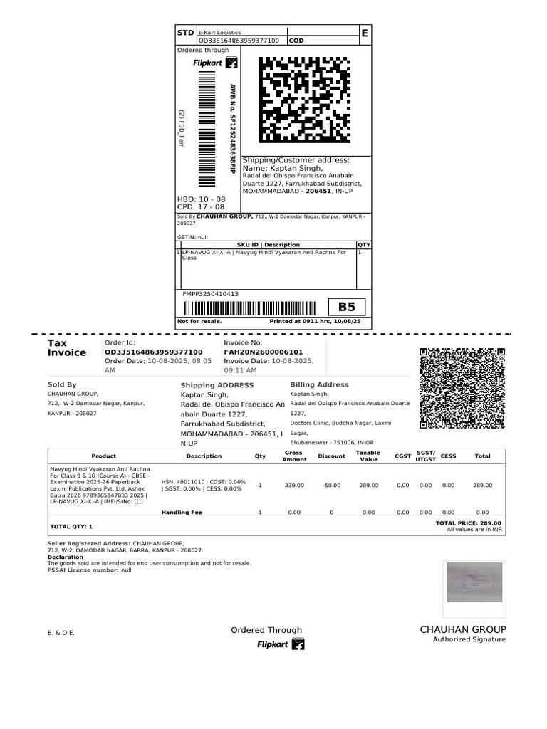 Flipkart Labels 10 Aug 2025-09-11 | PDF | Invoice | Taxes