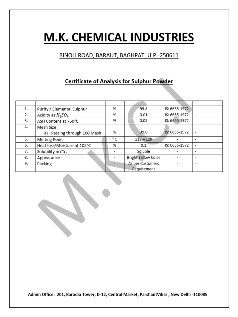 Certificate of Analysis for Sulphur Powder | PDF