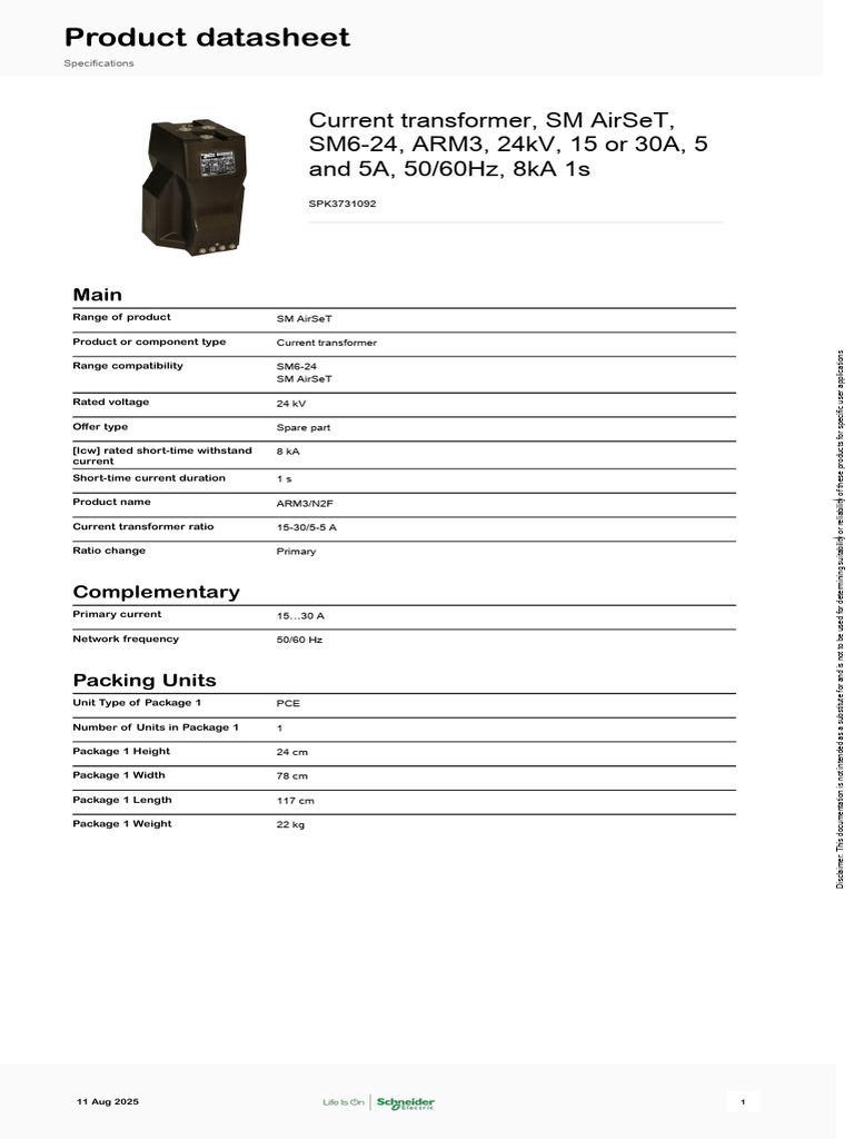 SM AirSeT Current Transformer Specs | PDF | Transformer | Electronics