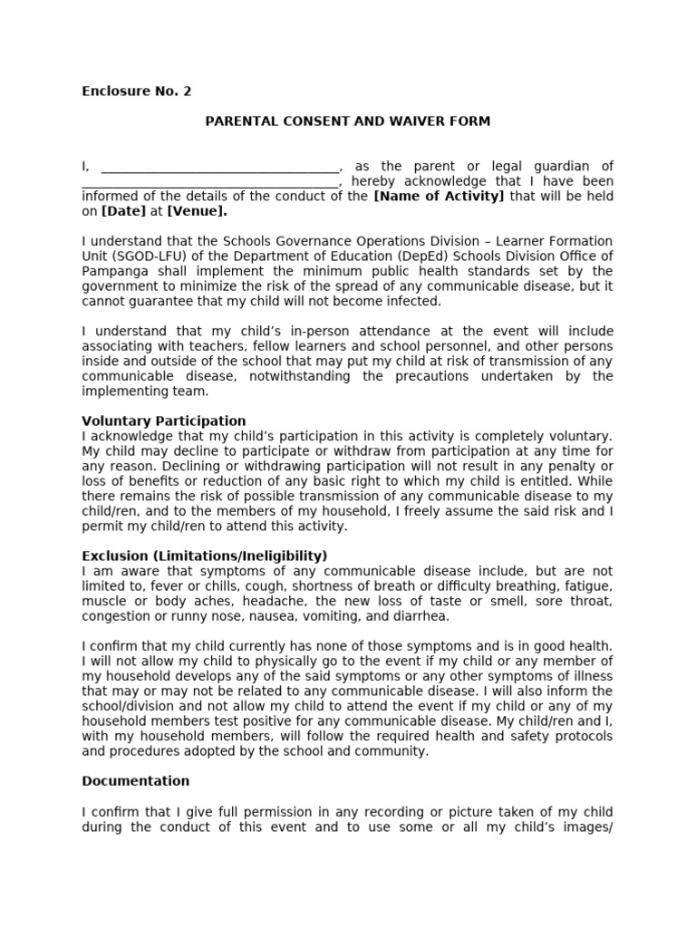 (Enclosure 2) Parental Consent and Waiver Form | PDF | Infection | Diseases And Disorders