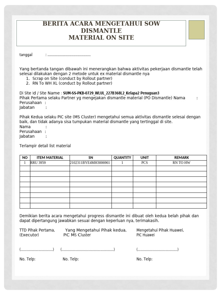 Berita Acara Mengetahui Sow Dismantle Sum-ss-pkb-0729 Wlul 227b368l2 Kelapa | PDF