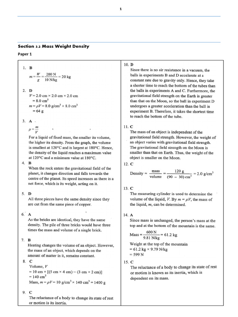 Physics Question Set Chapter 3n4 Mass Weight Density ANS | PDF