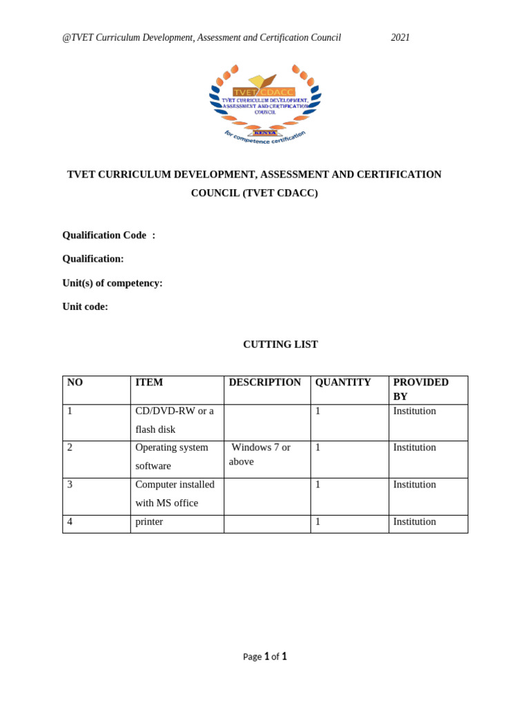 CUTTING LIST Digital Literacy | PDF