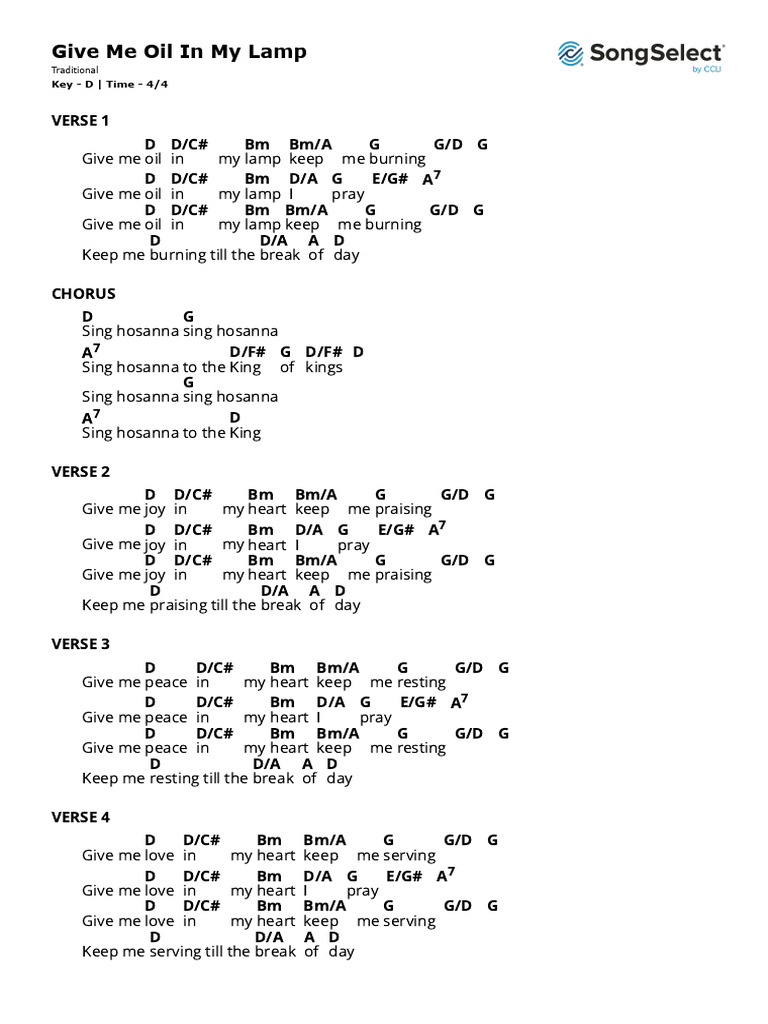 Give Me Oil In My Lamp Chords & Lyrics | PDF