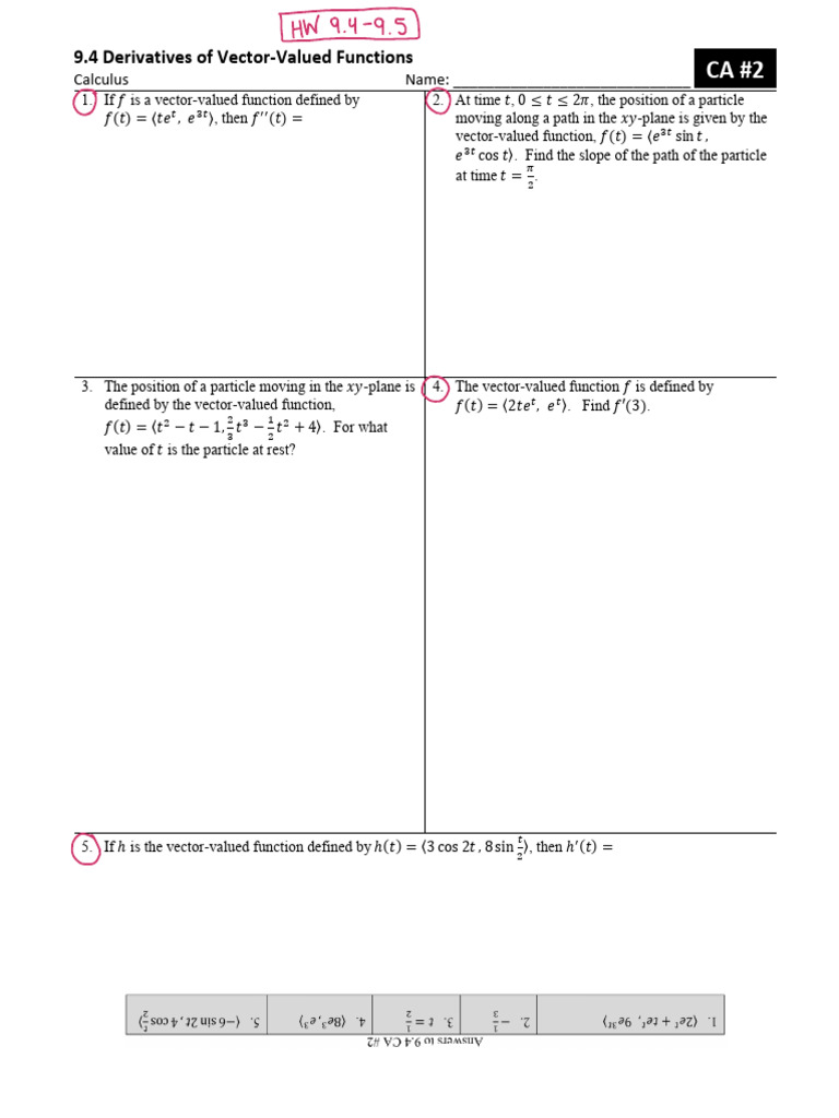 9.4 Derivatives of Vector Valued Functions: Calculus Name | PDF ...