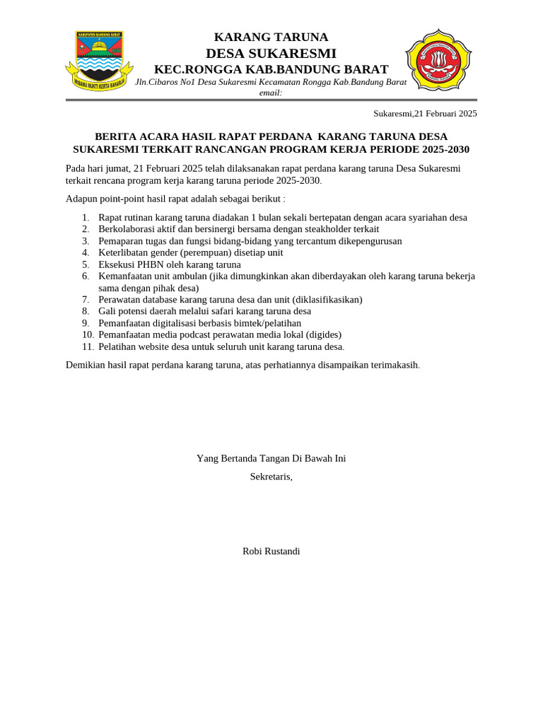 Berita Acara Hasil Rapat Perdana Karang Taruna Desa Sukaresmi Terkait Rancangan Program Kerja ...