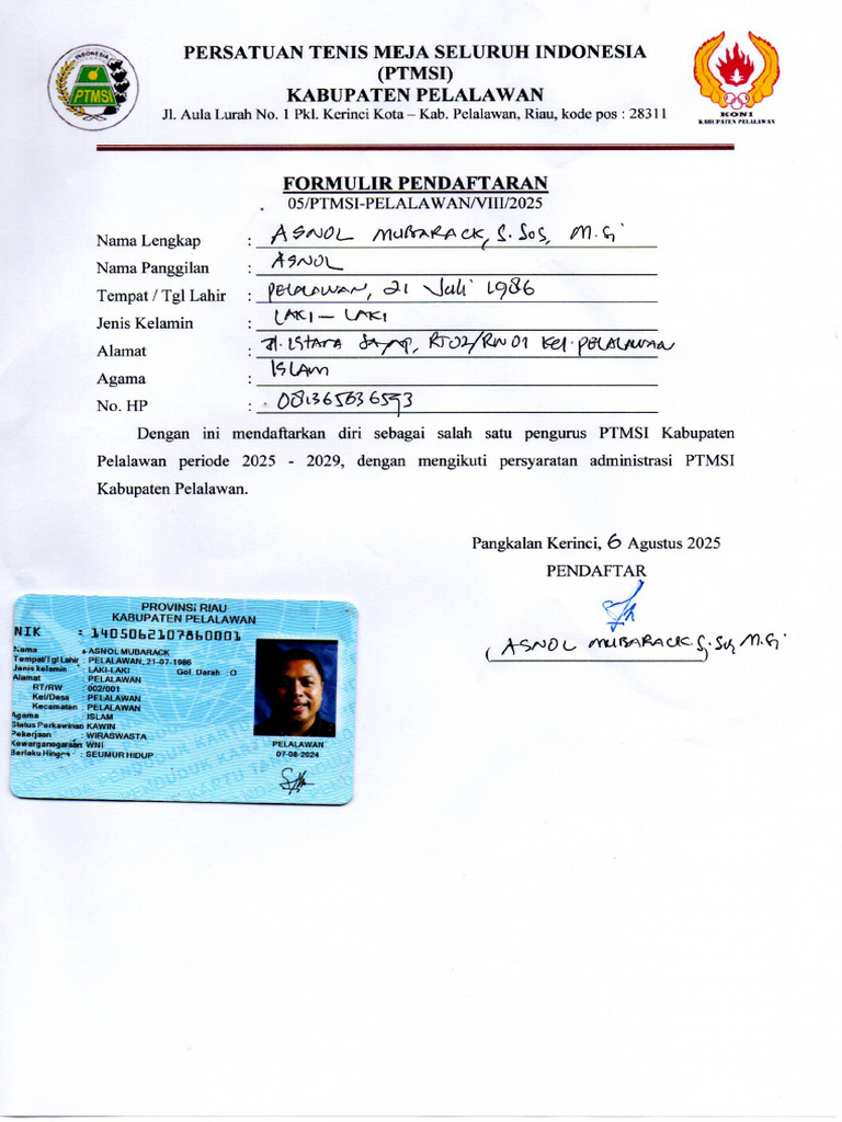 Formulir Pendaftaran Tenis Meja | PDF