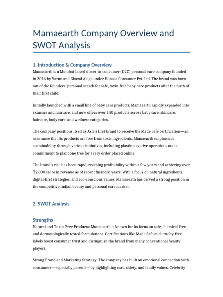 Mamaearth Company Overview & SWOT Analysis | PDF | Brand | Retail