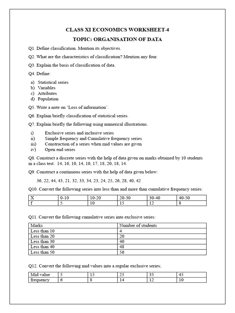 Class XI Economics Data Organization Worksheet | PDF