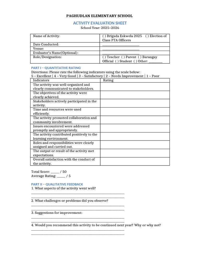 Activity Evaluation Sheet | PDF