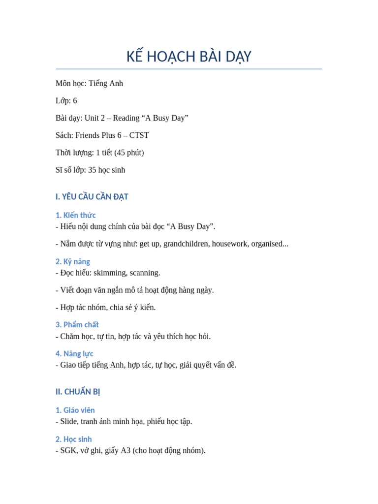 Ke Hoach Bai Day Unit 2 Reading FriendsPlus6 | PDF