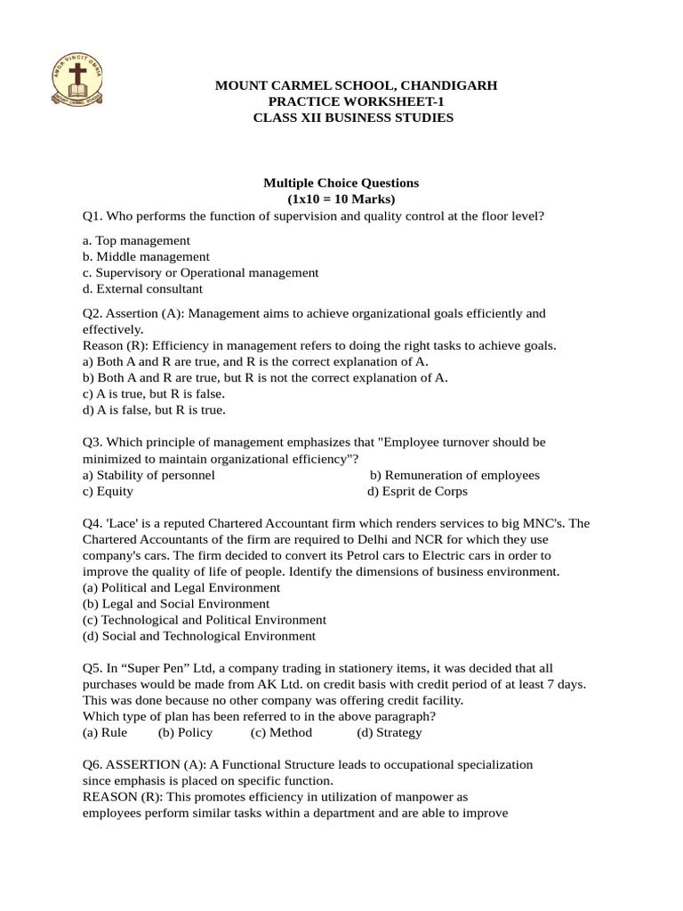 Class XII Business Studies MCQs Worksheet | PDF | Employment | Advertising
