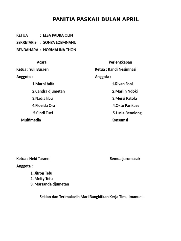 Panitia Paskah April 2023: Struktur & Tugas | PDF