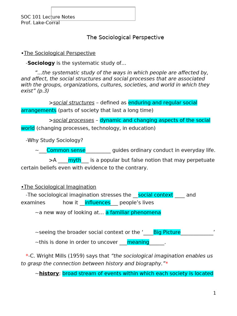 Sociological Perspective - Week 1 Notes | PDF | Sociology | Psychology