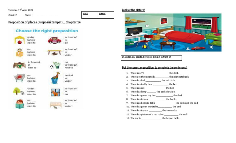 Grade 2 - PS Preposition of Places, Sms 2,22 | PDF