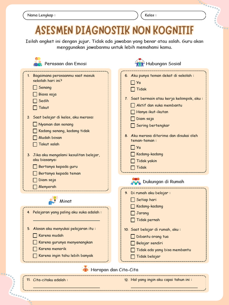 Asesmen Diagnostik Non Kognitif Lembar Kerja Krem Sederhana | PDF