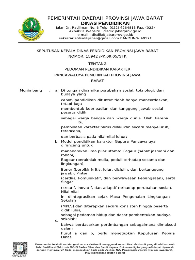 Pedoman Pendidikan Karakter Pancawaluya | PDF