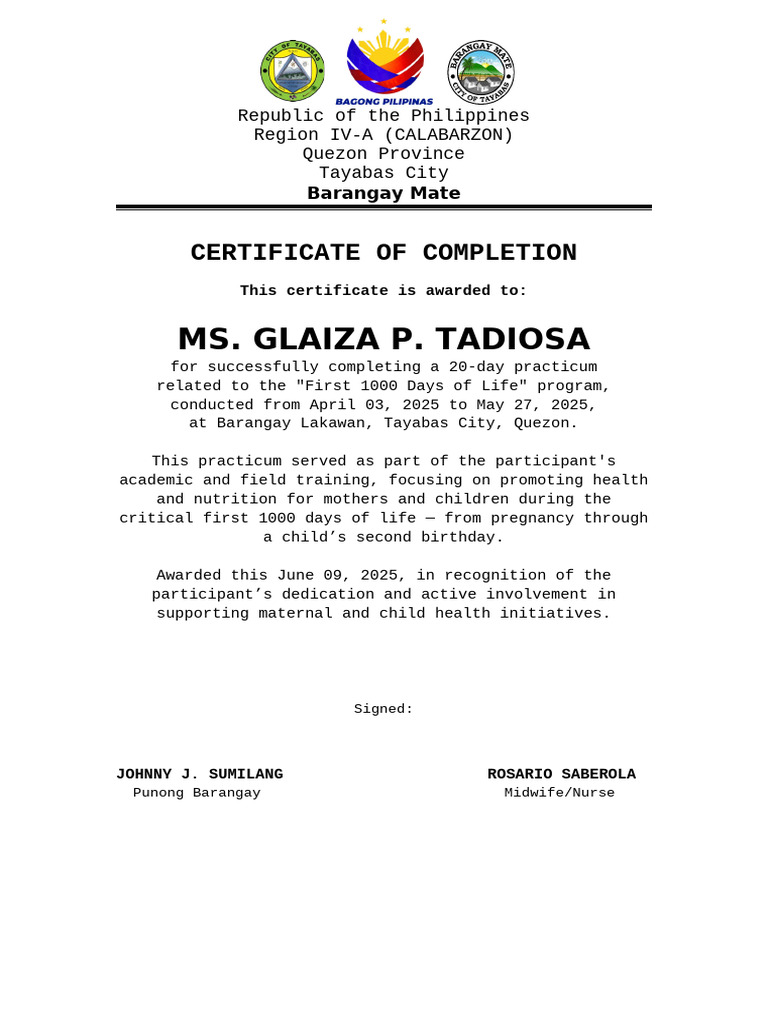 Certificate of Completion 1000 Days Practicum | PDF