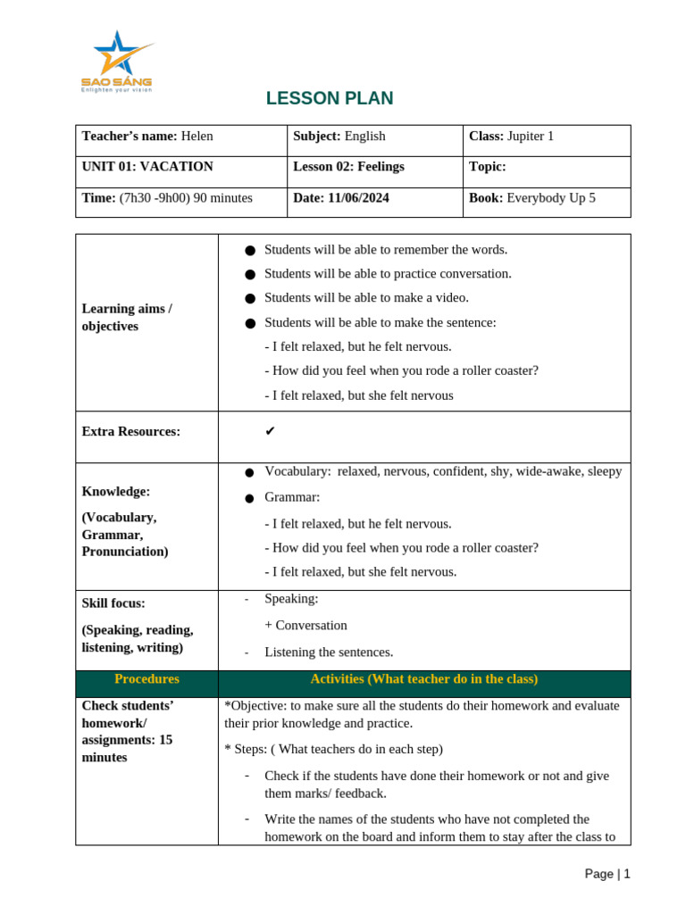 Jupiter 1 Lesson Plan: Feelings Unit | PDF | Homework | Vocabulary