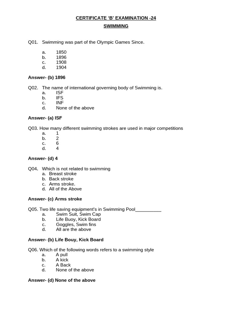 Swimming MCQs and Answers Guide | PDF | Swimming | Swimming (Sport)