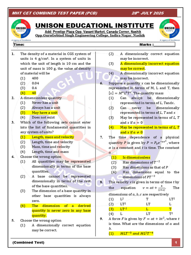 Xi Mht-cet Combined Test Pcb (28th July 2025) | PDF | Cell (Biology ...