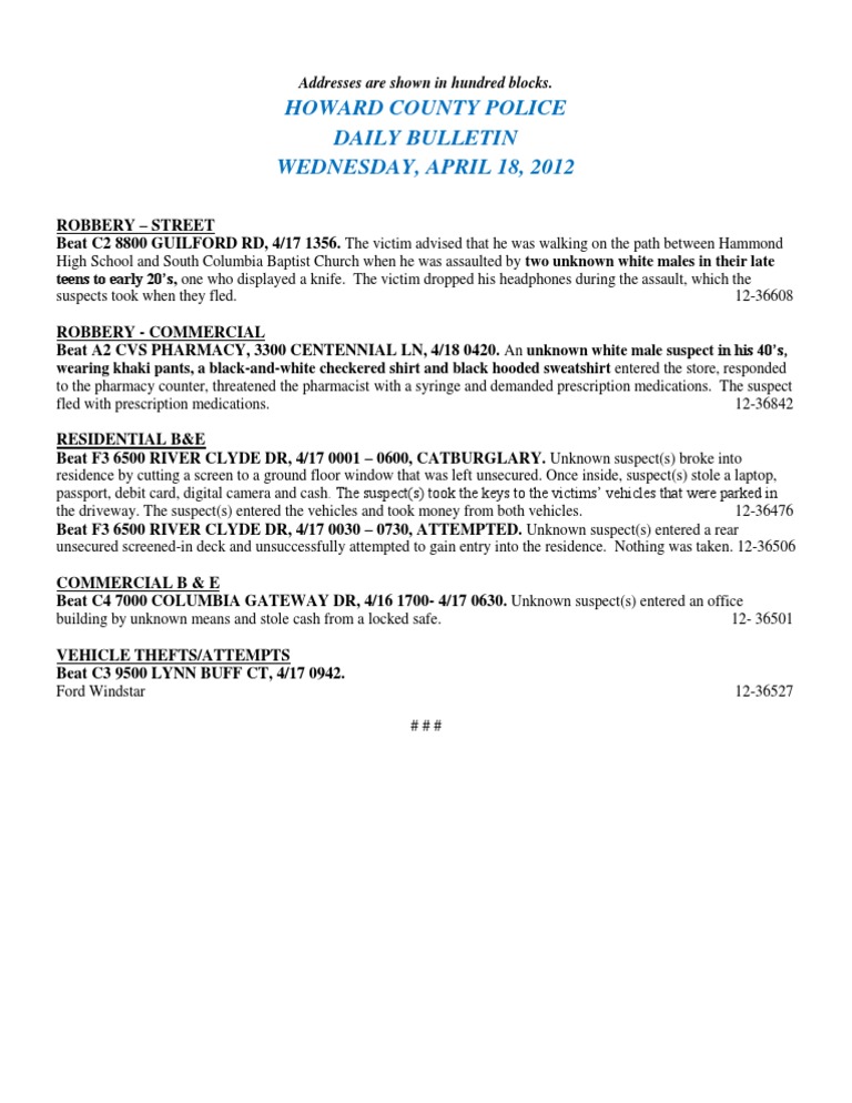 Howard County Police Daily Bulletin | PDF