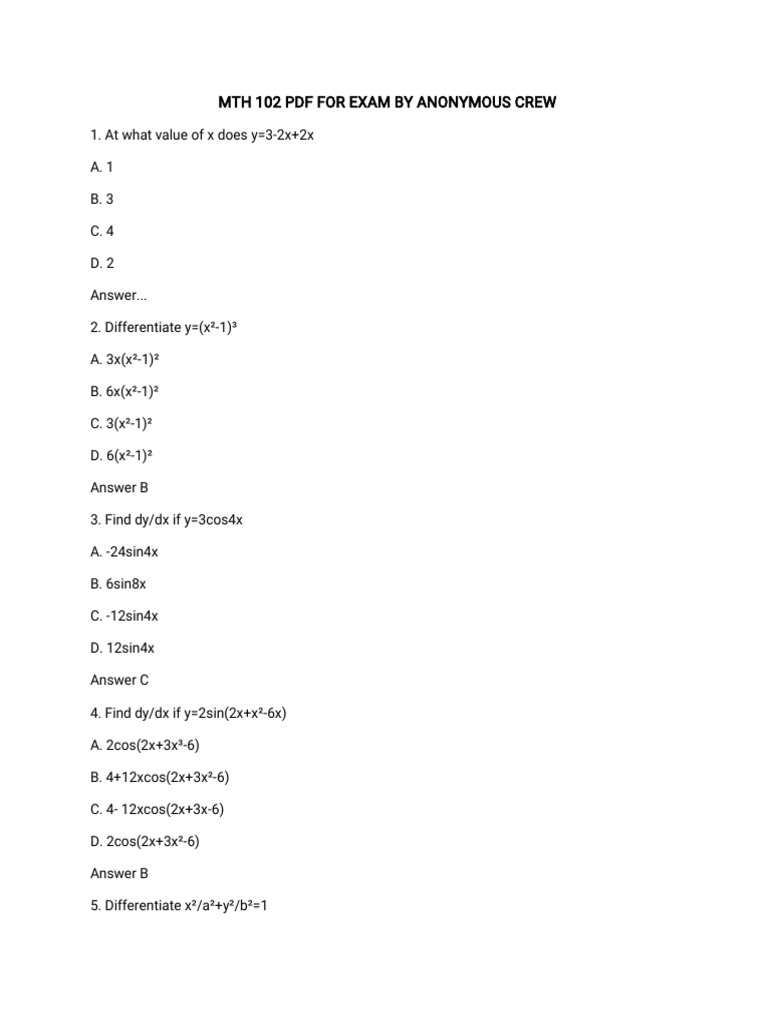 Updated MTH 102 PDF For Exam by Anonymous Crew | PDF