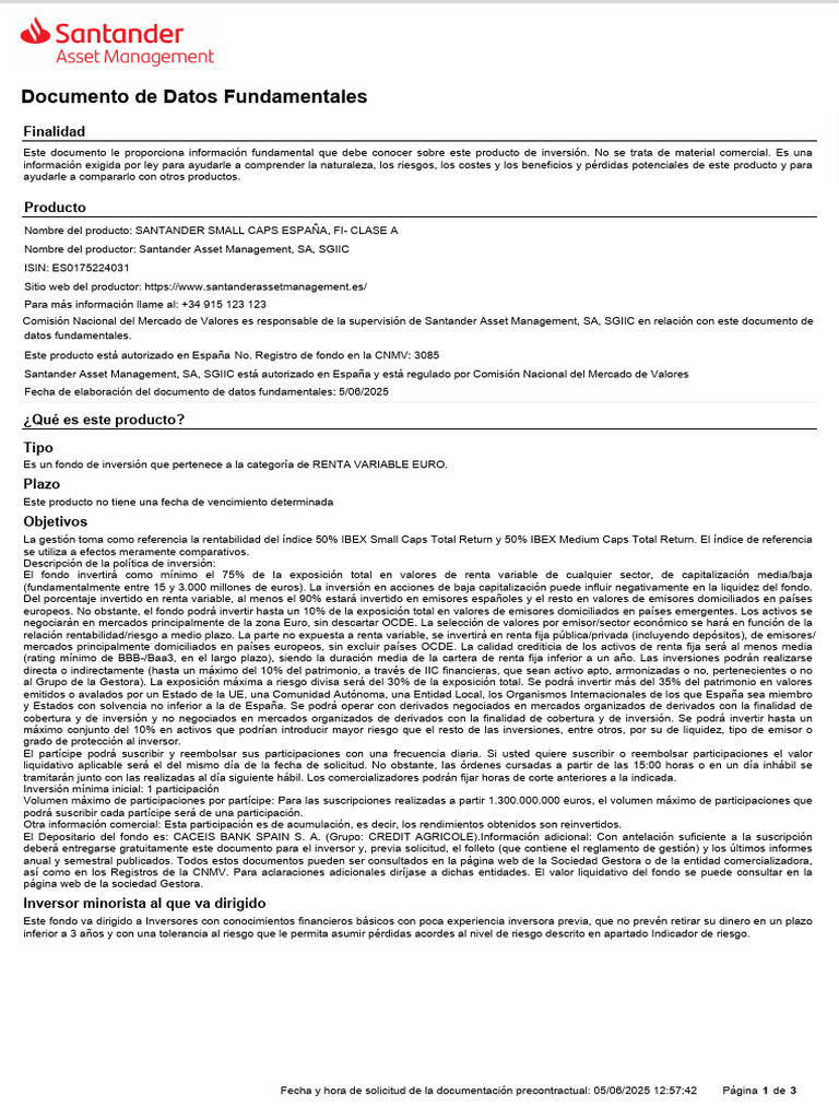 Documentación Fondo Santander Small Caps | PDF | Portafolio (Finanzas ...