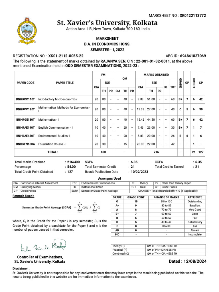Bachelor Marksheet Sem 1 Rajanya Sen | PDF