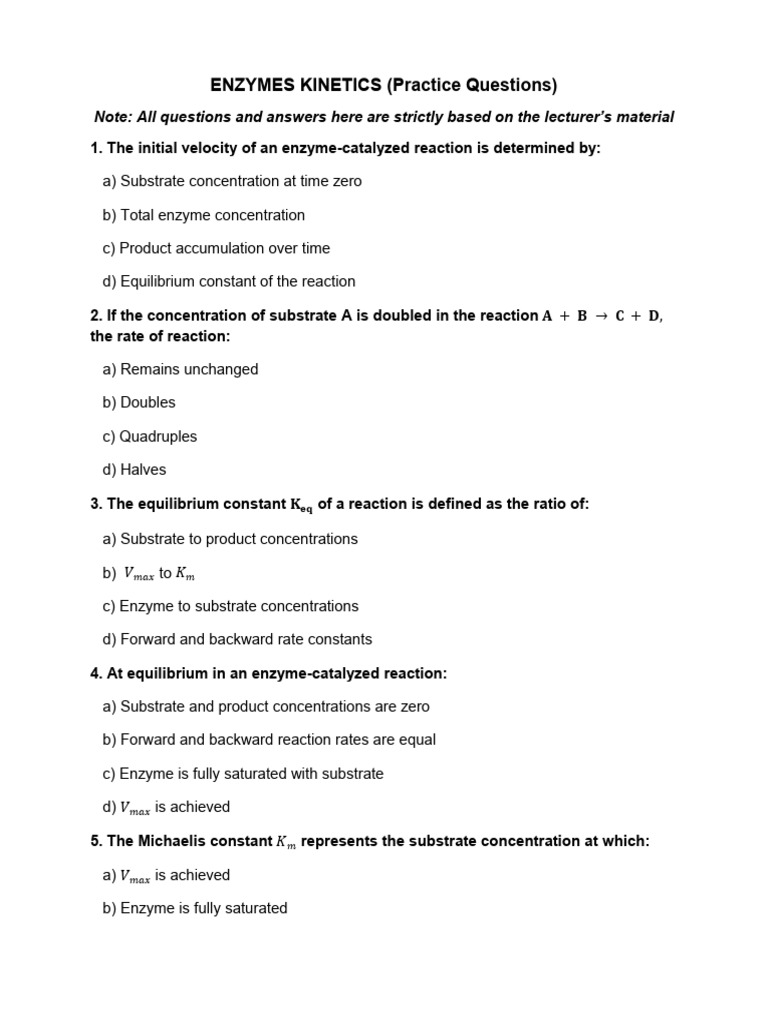 Enzyme Kinetics Practice Questions | PDF | Enzyme Inhibitor | Enzyme