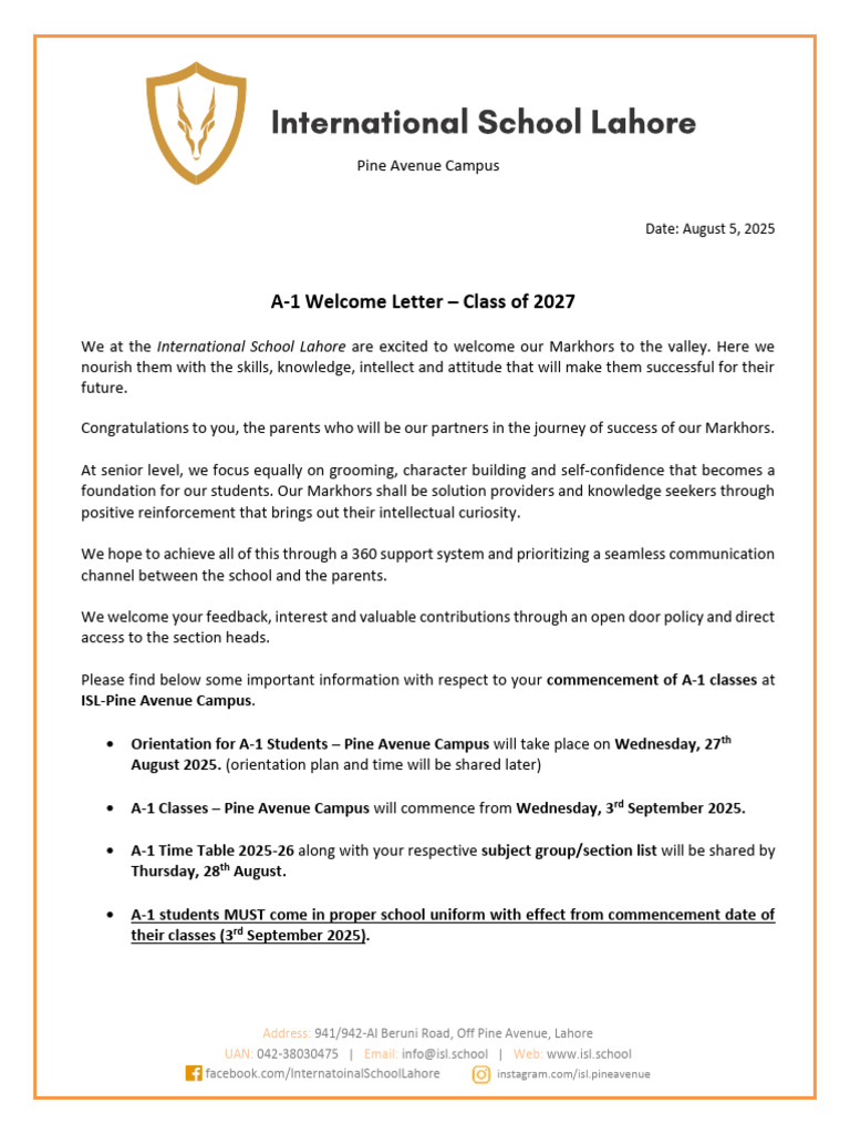 ISL Pine Avenue A-1 Welcome Letter | PDF | Learning | Cognition