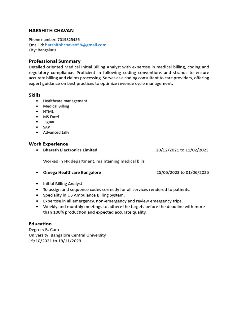 Harshith Chavan: Phone Number: 7019825456 Email Id: City: Bengaluru | PDF