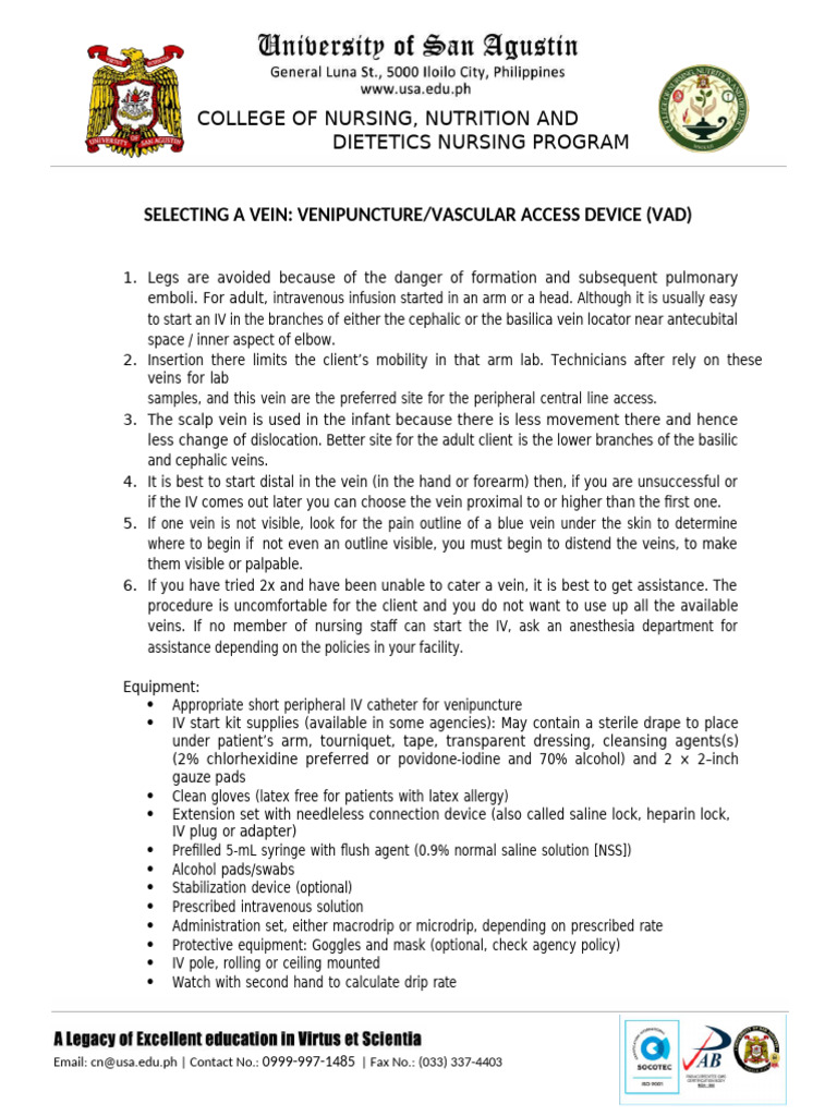 Selecting A Vein Checklist Venipuncture VAD | PDF | Intravenous Therapy | Medical Specialties