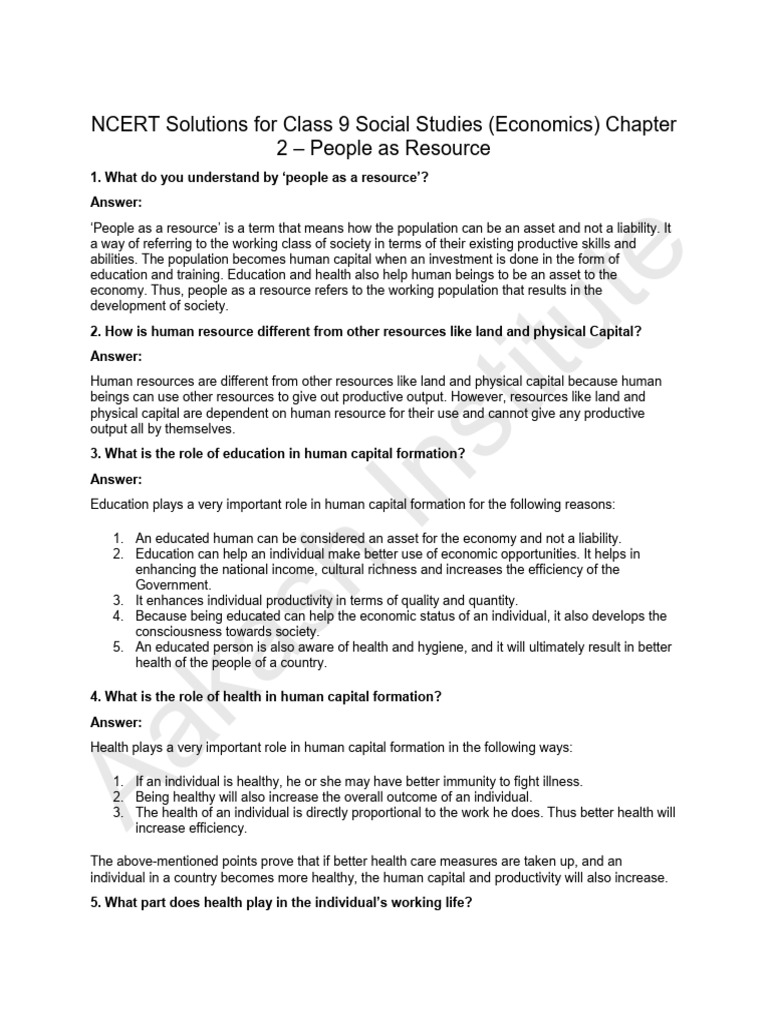 NCERT Solutions For Class 9 Social Studies (Economics) Chapter 2 - People As Resource | PDF ...