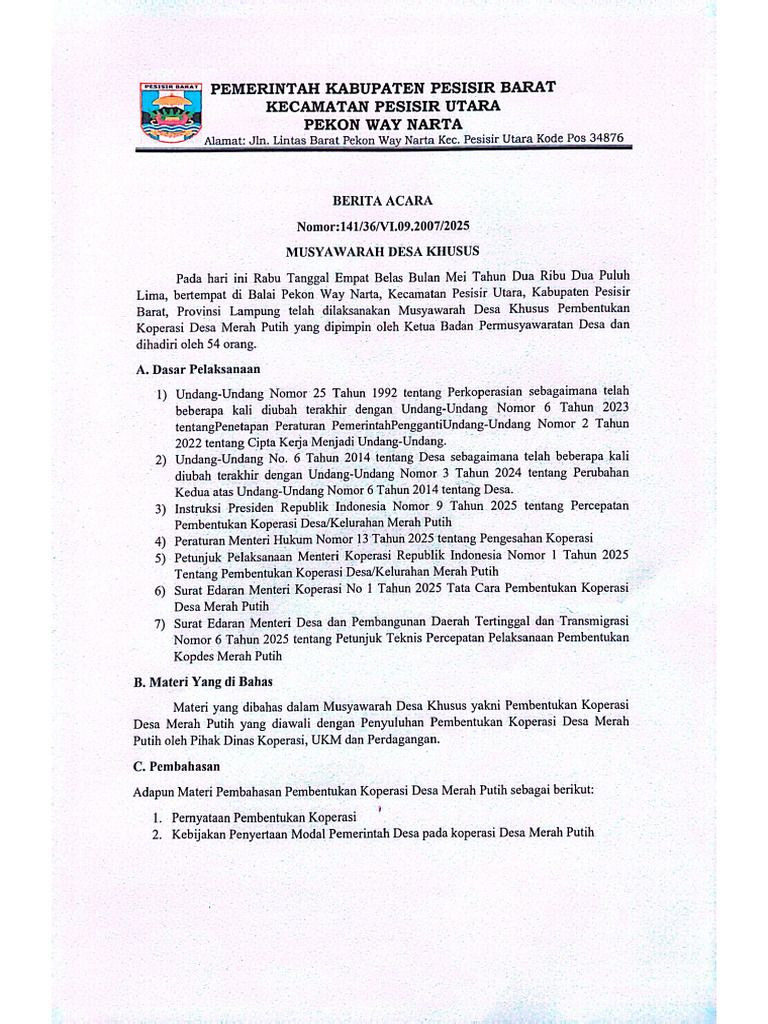 Berita Acara MUSDESUS Way Narta | PDF