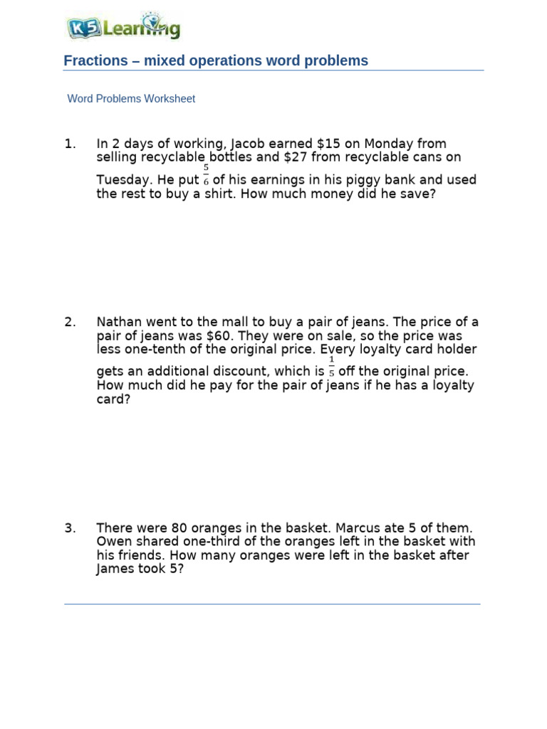 Word Problems On Fraction-1 | PDF | Breads