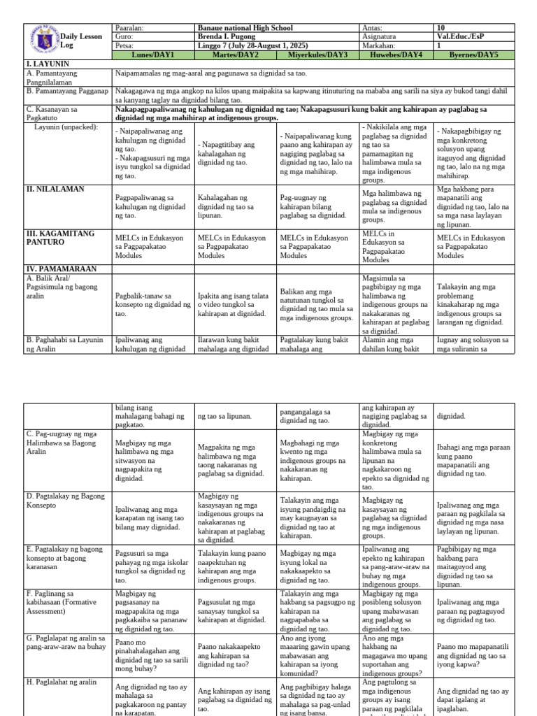 DLL-VALUES ED ESP10-Q1-corrected WEEK 7-8 | PDF