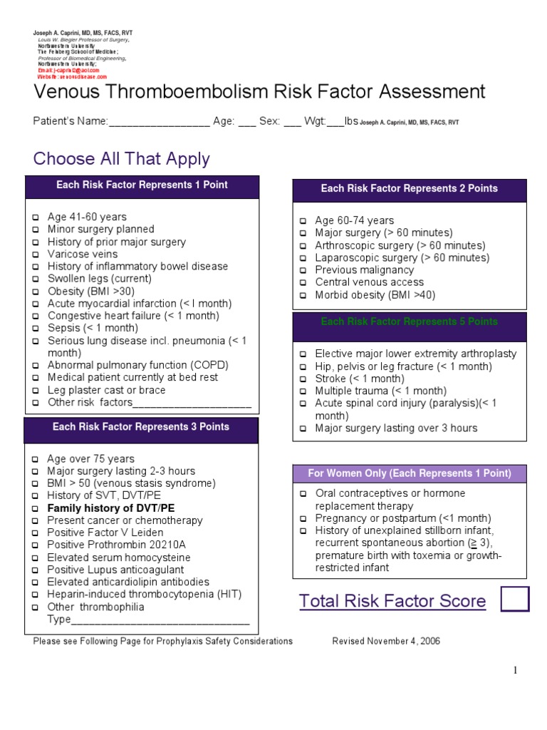 Caprini VT Risk Factor Assessment | Blood | Medicine